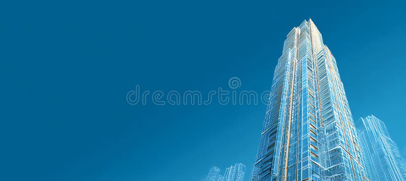 Modern Architecture Building Design with Blueprint Concept and Blue Sky Background Rendering ...