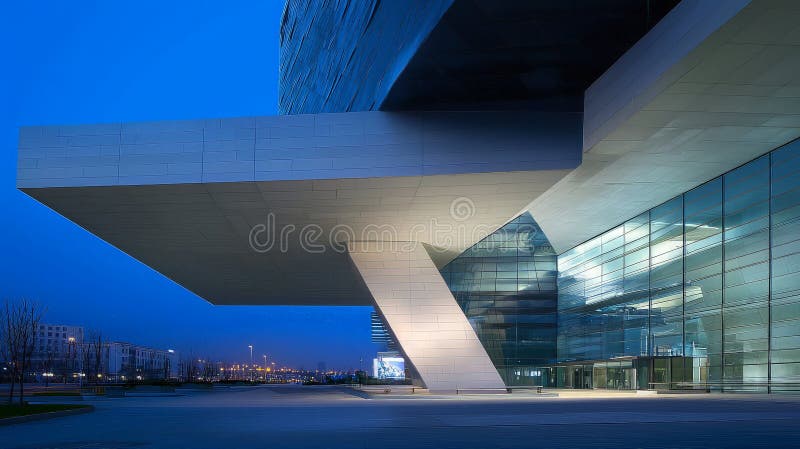 Modern Architecture Building Exterior at Dusk with a Large Overhang ...