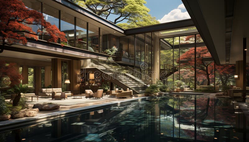 Modern Architecture, Building Exterior, Table Indoors, Reflection Night ...