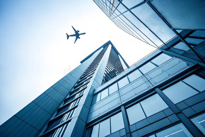 Modern Architecture Building with Flying Airplane in Background Stock ...