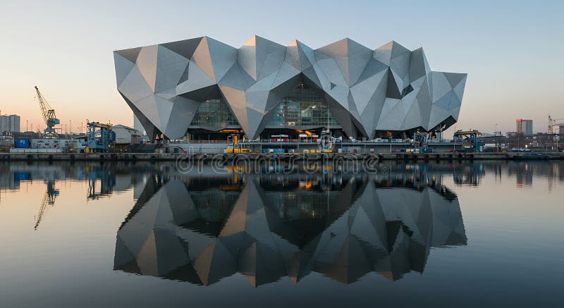 Modern Architecture Building Reflection on Water at Sunset in Antwerp ...