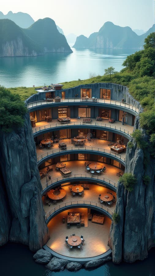 Modern Architecture Built into a Cliff Overlooking a Bay Stock ...