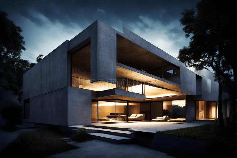 Modern Architecture, a Concrete Home, and a Nighttime Setting Stock ...