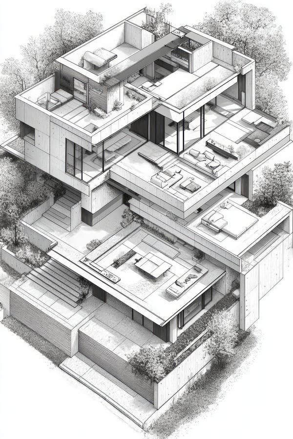 Modern Architecture Design Showcasing a Multi-level House with Open ...