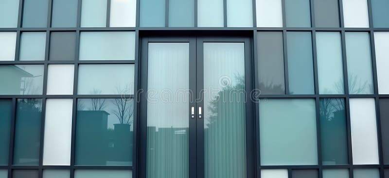 Modern Architecture Facade with Geometric Metal Structure, Glass Doors ...