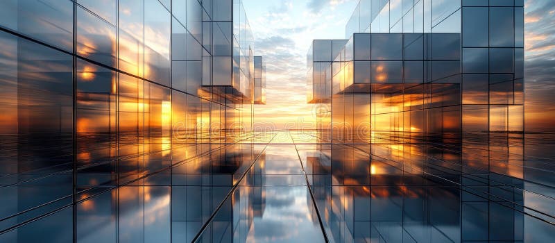 MODERN GLASS ARCHITECTURE BUILDING REFLECTING a BEAUTIFUL SUNSET Stock ...