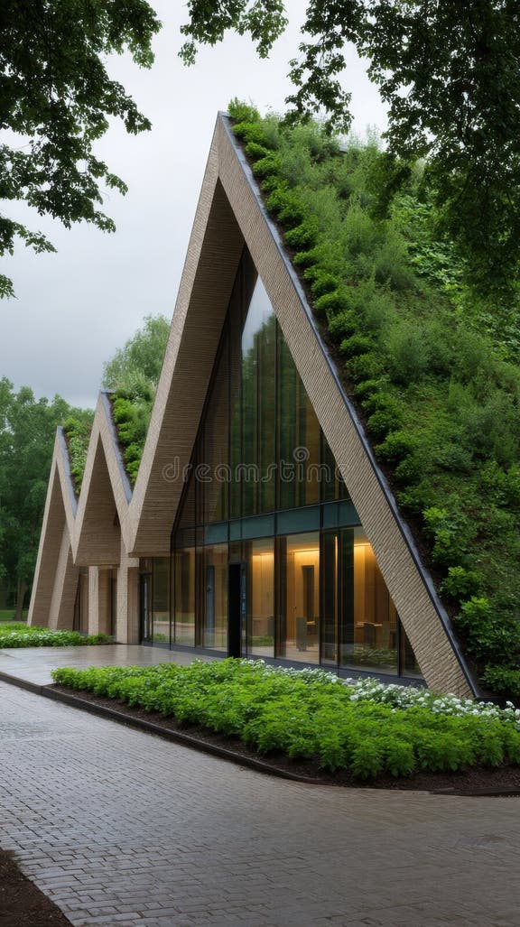Modern Architecture with Green Roof and Triangular Design in Natural ...