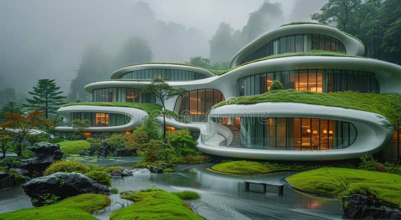 Modern Architecture Integrated with Lush Greenery in a Misty ...