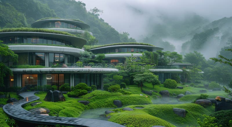 Modern Architecture Integrated with Lush Greenery in a Misty ...