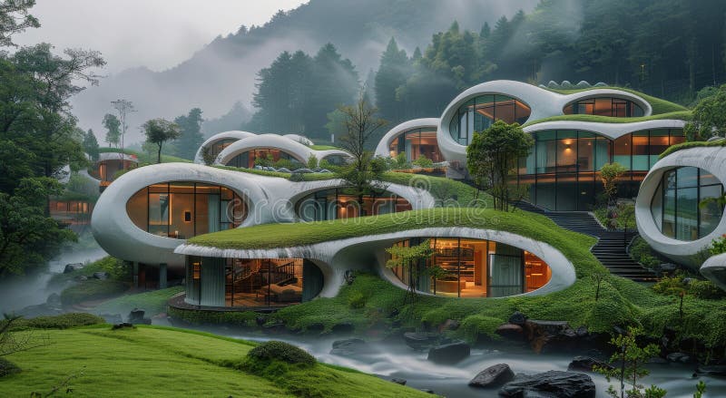 Modern Architecture Integrated with Lush Greenery in a Misty ...