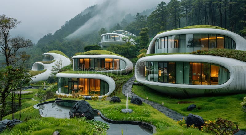 Modern Architecture Integrated with Lush Greenery in a Misty ...