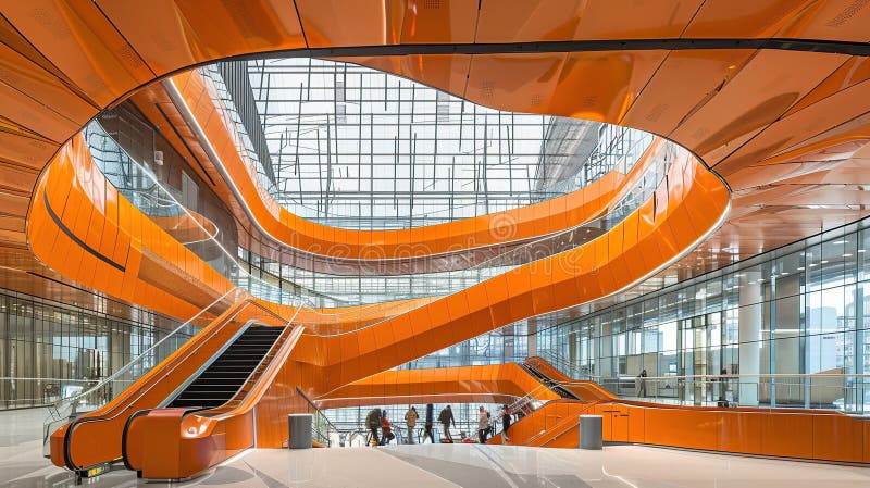Modern Architecture Interior with Curved Walls and Escalators Stock ...