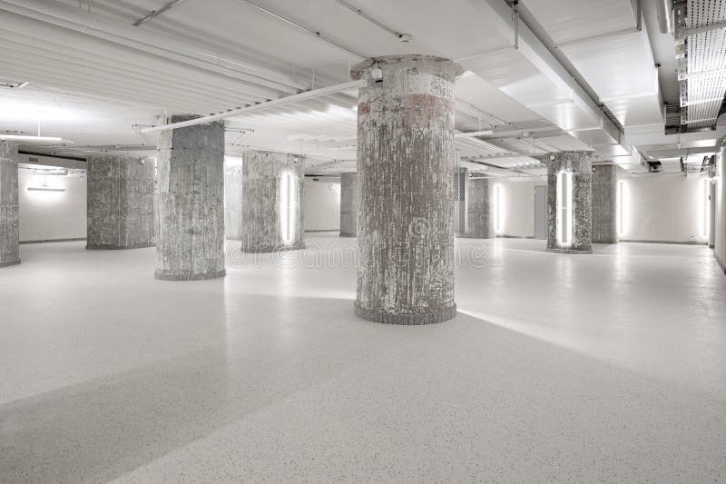 Modern Architecture, Large Interior Hall with Big Concreted Pillars ...