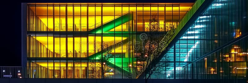 Modern Architecture at Night Illuminated Geometric Facade with Vibrant ...