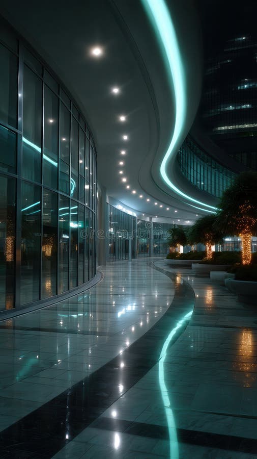 Modern Architecture Nightscape with Neon Lighting and Reflections in a ...