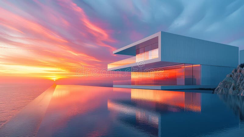 Modern Architecture by the Ocean at Sunset - Generative Ai Stock ...