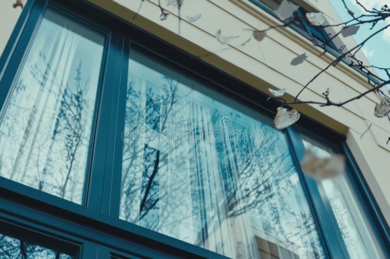 Modern Architecture Reflection with Leafless Branches on Glass Window ...