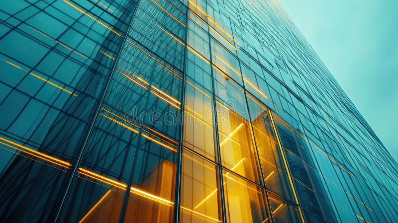Modern Architecture with Reflections of Sunset on Glass Facade. 3D ...