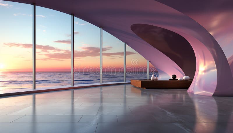 Modern Architecture Reflects Sunset Over Tranquil Water, Indoors and ...
