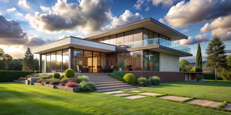 Modern Architecture with Sunlit Sky, 3D Rendering, Large Windows ...