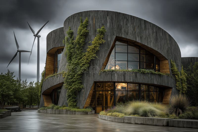 Circular Eco Building Made of Reclaimed Wood and Earth Bricks with Turbines Stock Illustration ...