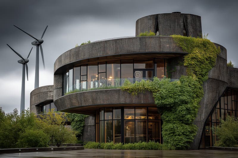 Circular Eco Building Made of Reclaimed Wood and Earth Bricks with Turbines Stock Illustration ...