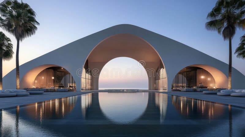 Modern Archway Architecture at Sunset Overlooking Ocean Pool Stock ...