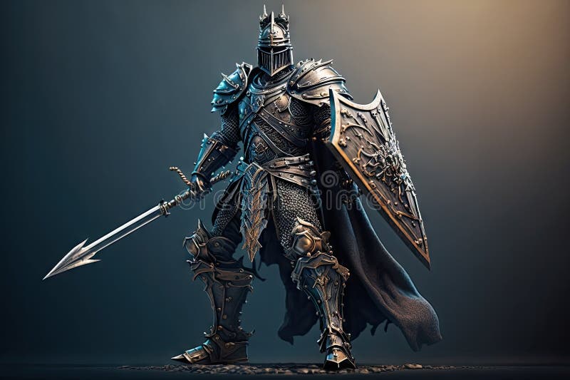 Walking Knight in Medieval Armor and Helmet on Dark Background Stock ...