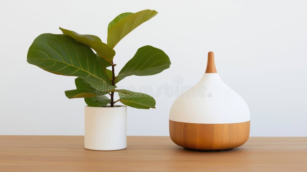 Modern Aromatherapy Diffuser and Fiddle Leaf Fig Plant on Wooden Table ...