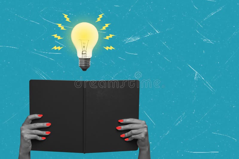 Modern Art Collage Featuring a Hand with a Book and a Light Bulb on a ...
