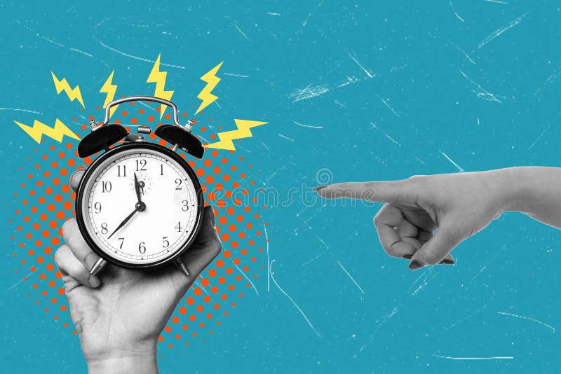 Modern Art Collage Featuring a Hand with a Ringing Alarm Clock and a ...