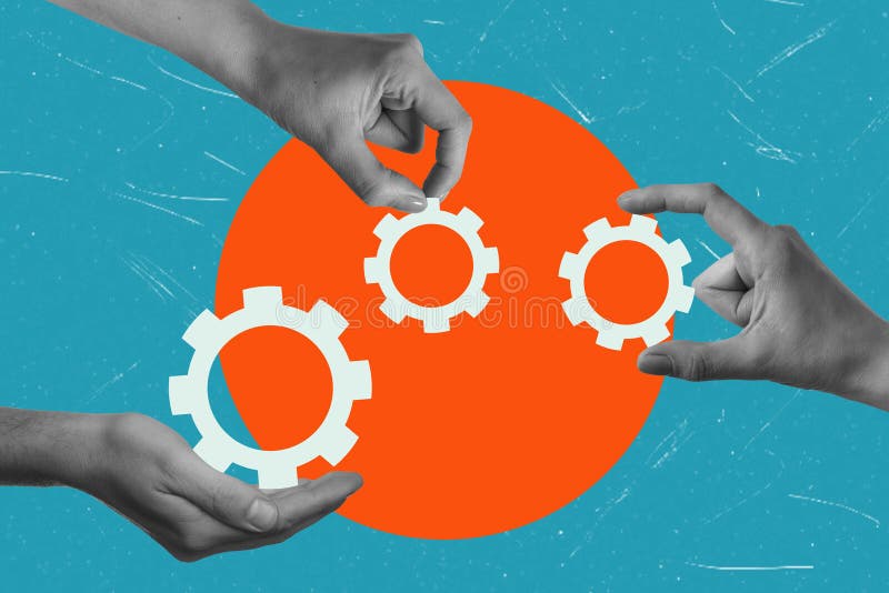 Modern Art Collage Featuring Hands with Gears on a Blue Background ...