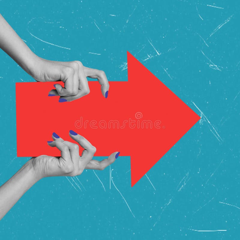 Modern Art Collage of a Hand Pointing with a Red Arrow on a Blue ...