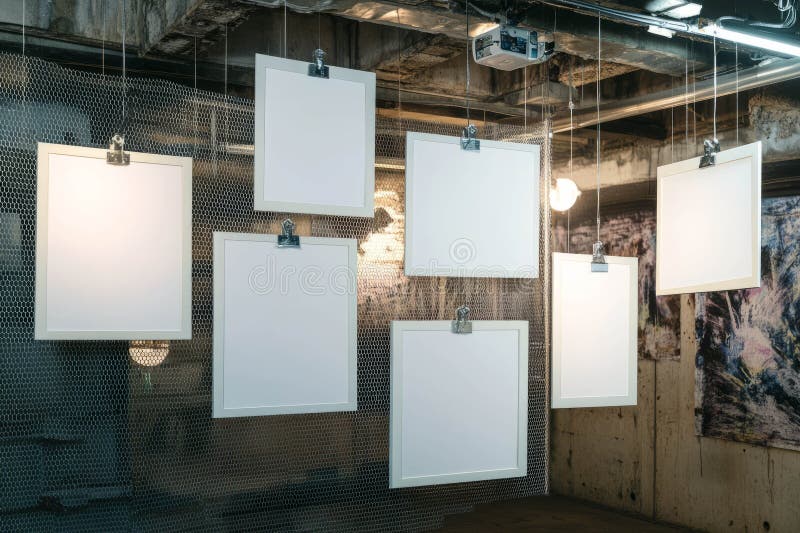 Modern Art Display with White Frames Hanging on Wire in Industrial ...