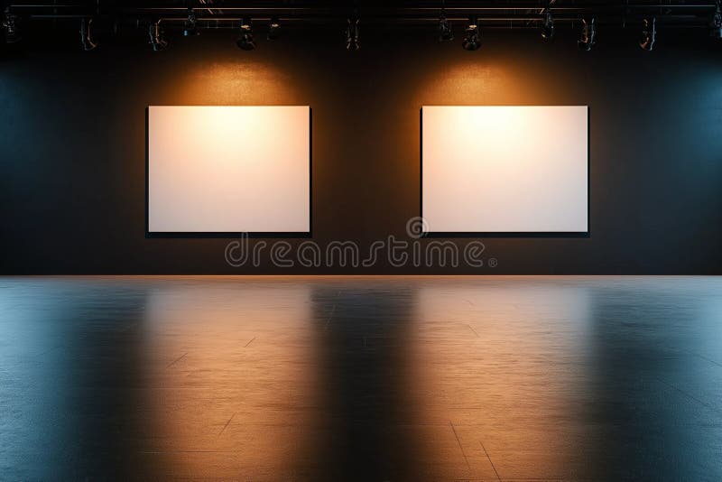 Modern Art Gallery Featuring Two Empty White Display Boxes on Dark Wall ...