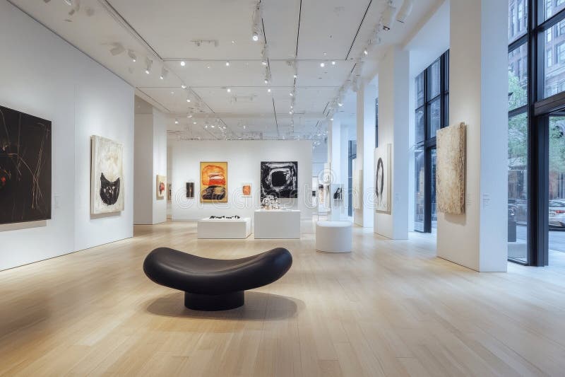 A Modern Art Gallery Featuring Various Abstract Artworks and a Central ...