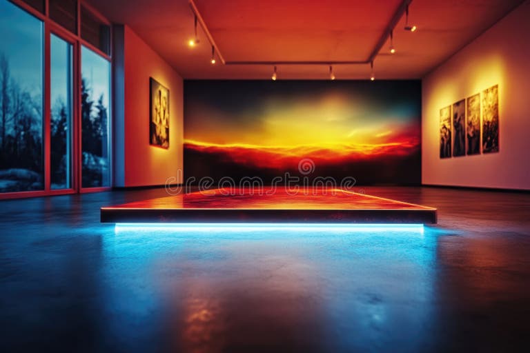 Modern Art Gallery with Illuminated Platform and Abstract Wall Art ...