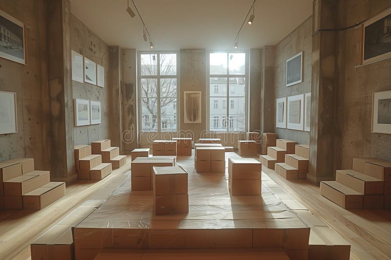 Modern Art Gallery Installation Featuring Cardboard Boxes and Sunlight ...