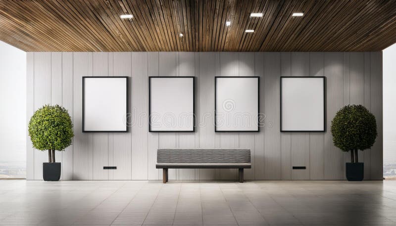 Modern Art Gallery Interior with Blank Frames on Walls and Bench in ...