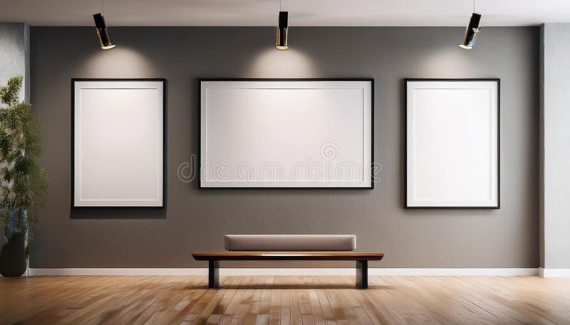 Modern Art Gallery Interior with Blank Frames on Walls and Bench in ...