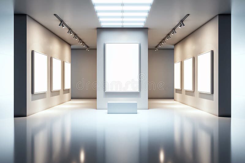 Modern Art Gallery Interior with Blank Frames on Walls and Spotlight ...