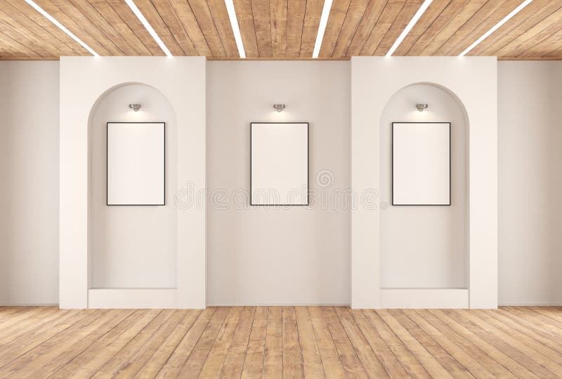 Modern Art Gallery Interior with Three Vertical Mockup Posters Hanging ...