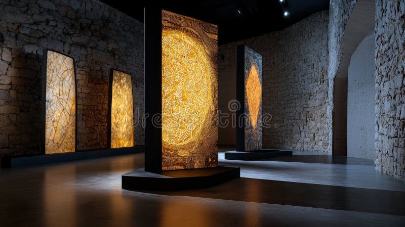 A Modern Art Gallery Showcasing Illuminated Exhibits Against Textured ...