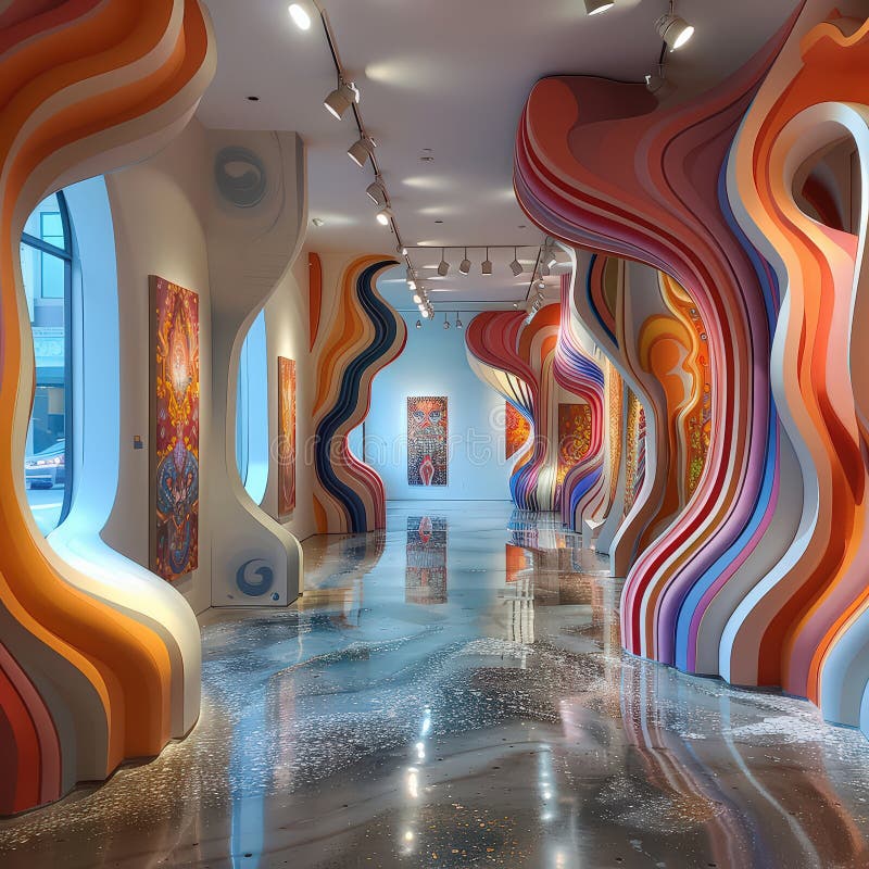 A Modern Art Gallery Where 2D Paintings Extend into 3D Sculptures Stock ...