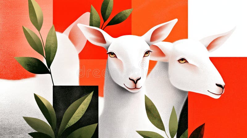 Modern Art Illustration of White Goats with Geometric Red Background ...