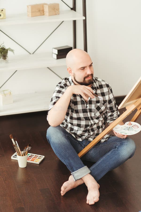 Young Painter Doing Easel Drawing at Art Studio Stock Image - Image of ...