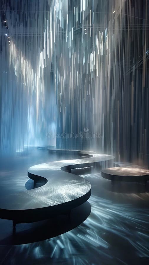 Modern Art Installation with Curved Pathway and Vertical Light Strands ...