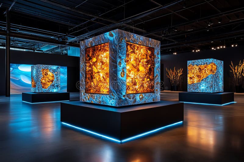 Modern Art Installation Featuring Glowing Cubes with Abstract Patterns ...