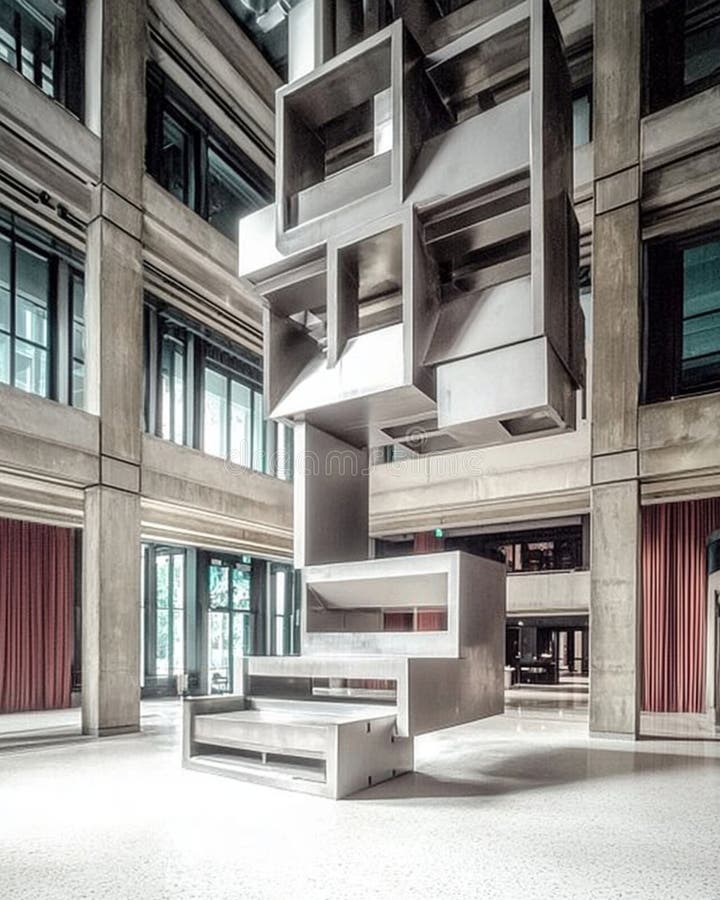 Modern Art Installation Hanging in Brutalist Building Atrium Stock ...