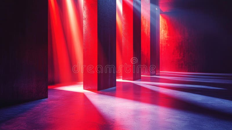 Modern Art Installation with Red Lights Illuminating Concrete Columns ...